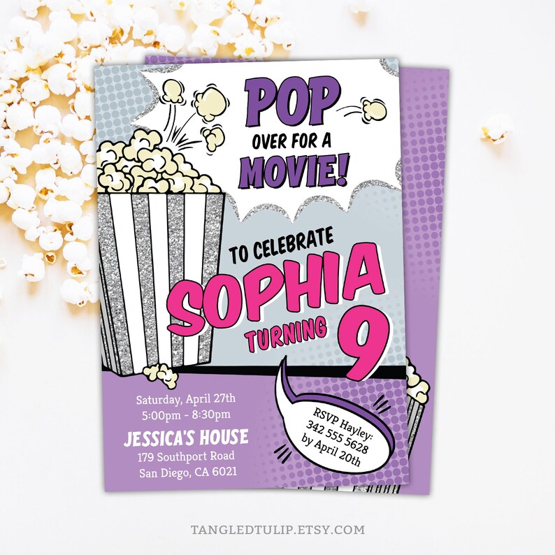 Movie Birthday Invitation | Girl Movies Popcorn Birthday Party Invite ...