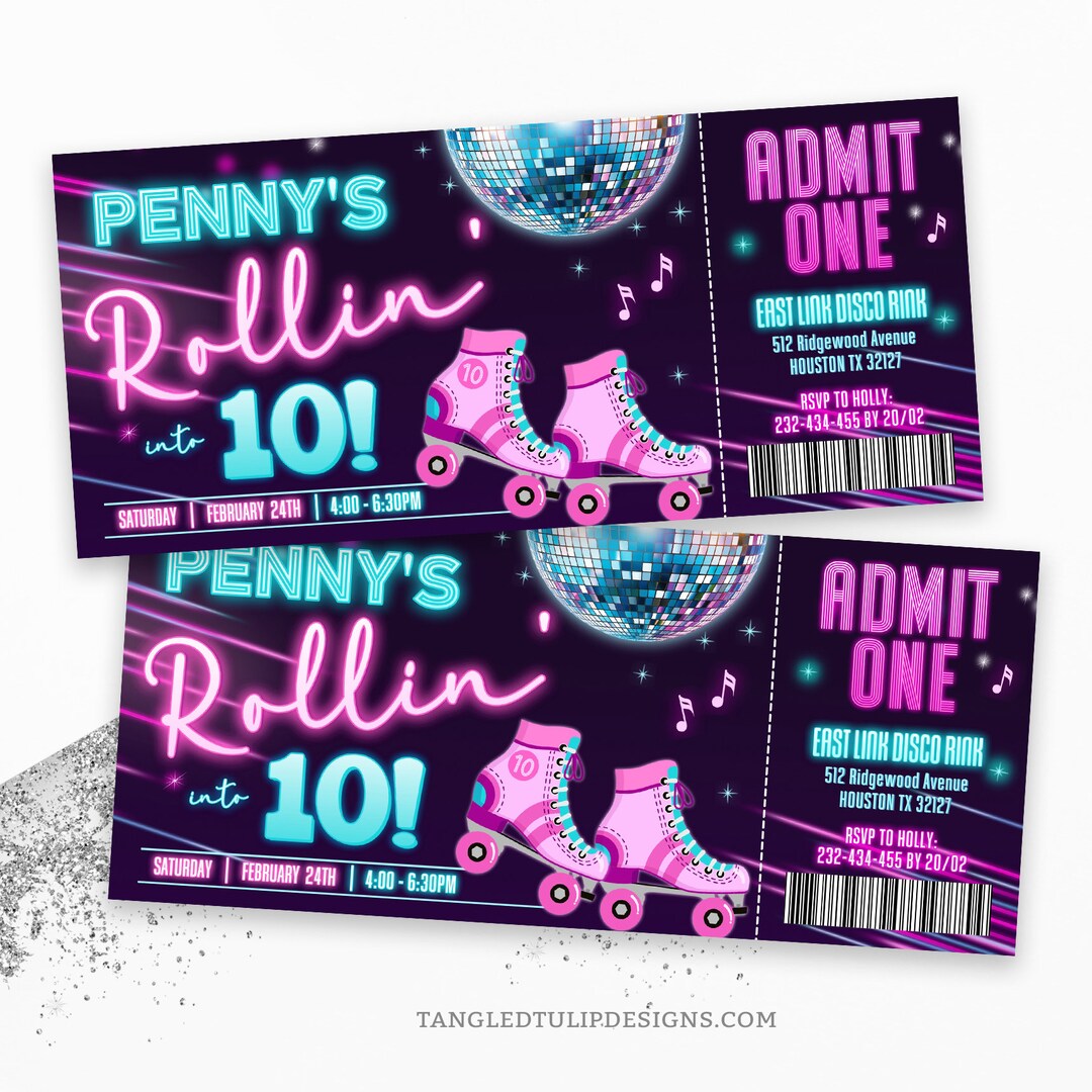 Roller Skating Birthday Invitation Ticket | Girl Roller Skate Birthday ...