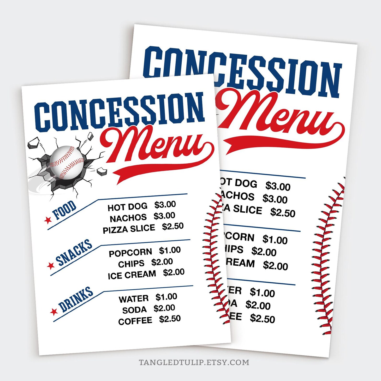 Baseball Concession Menu Poster | Baseball Refreshment Stand Price List ...