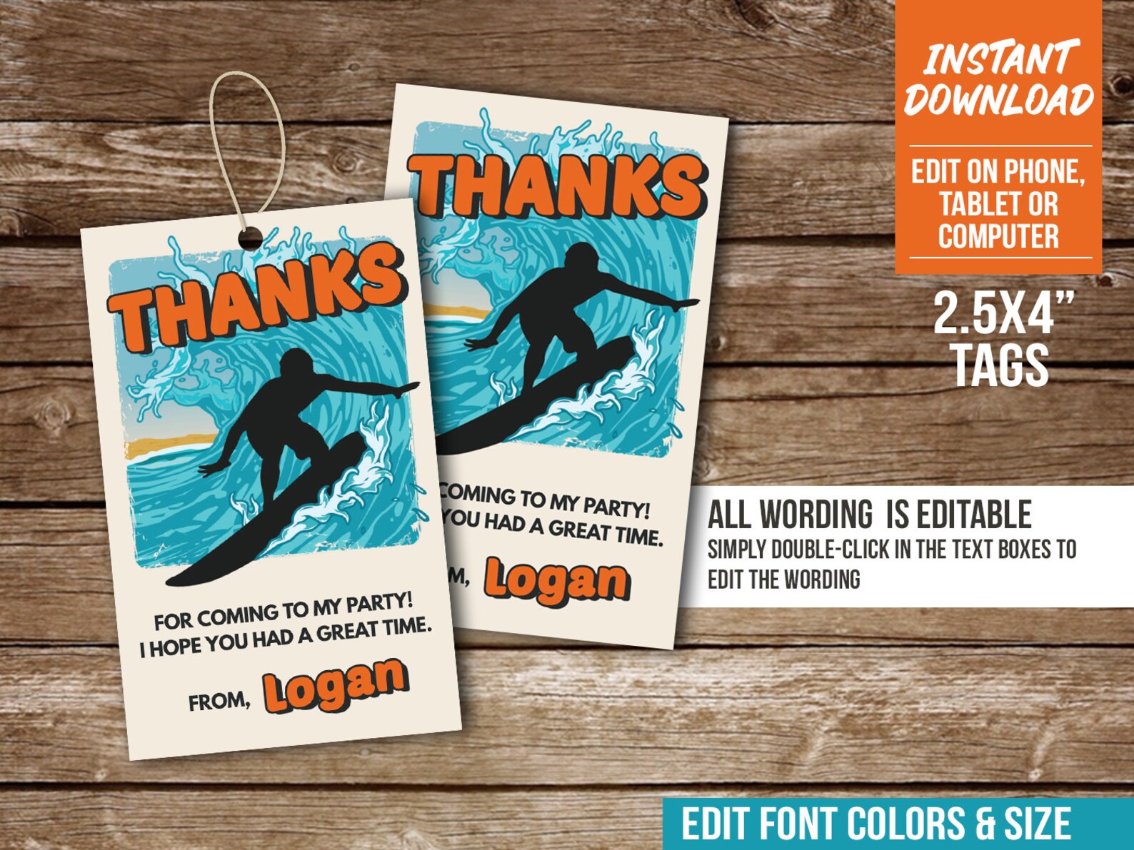Surfing Birthday Thank You Tags Surf Party Favor Tags - Etsy