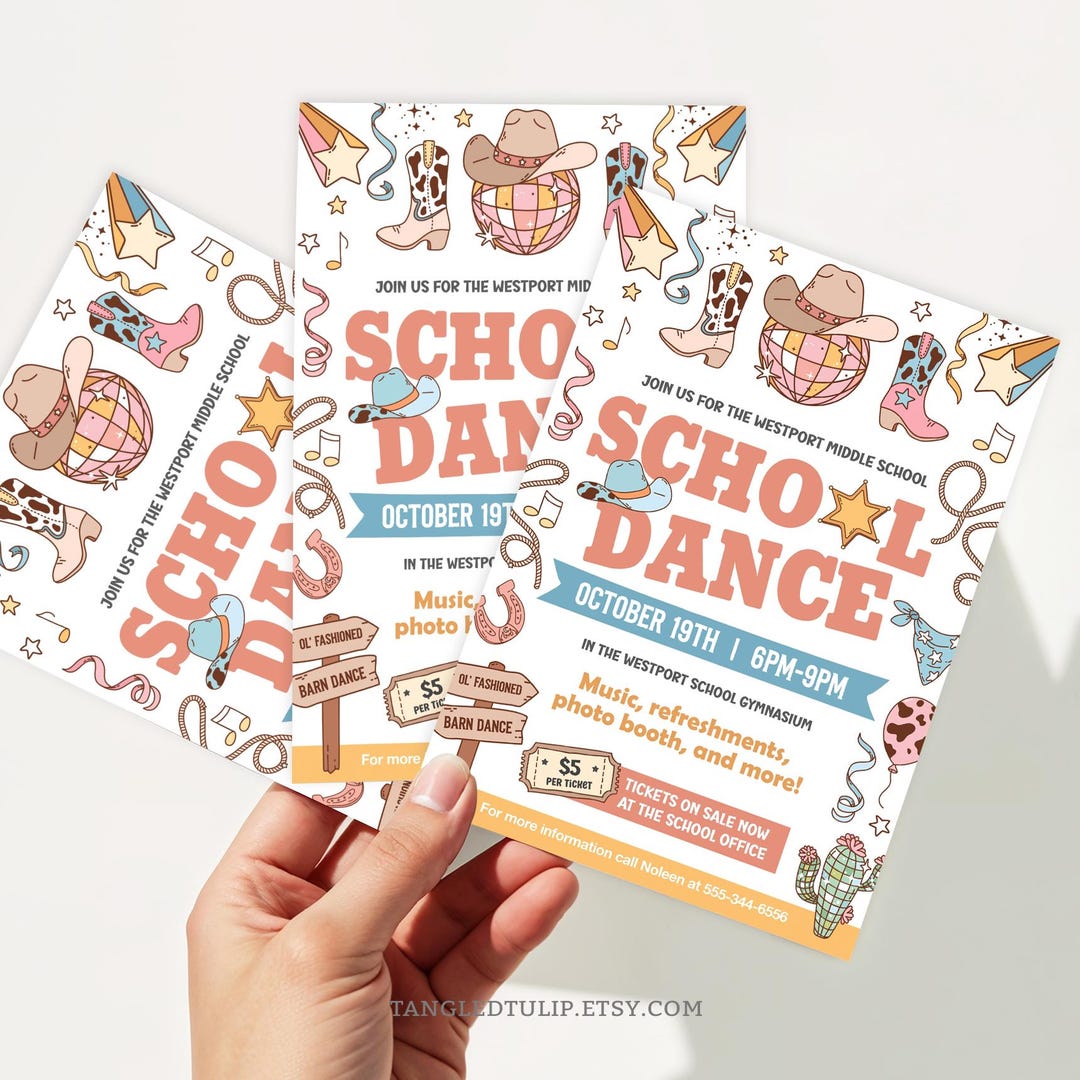 Editable School Barn Dance Flyer and Poster, Cowboy Western Dance Invitation Template, PTO PTA ...