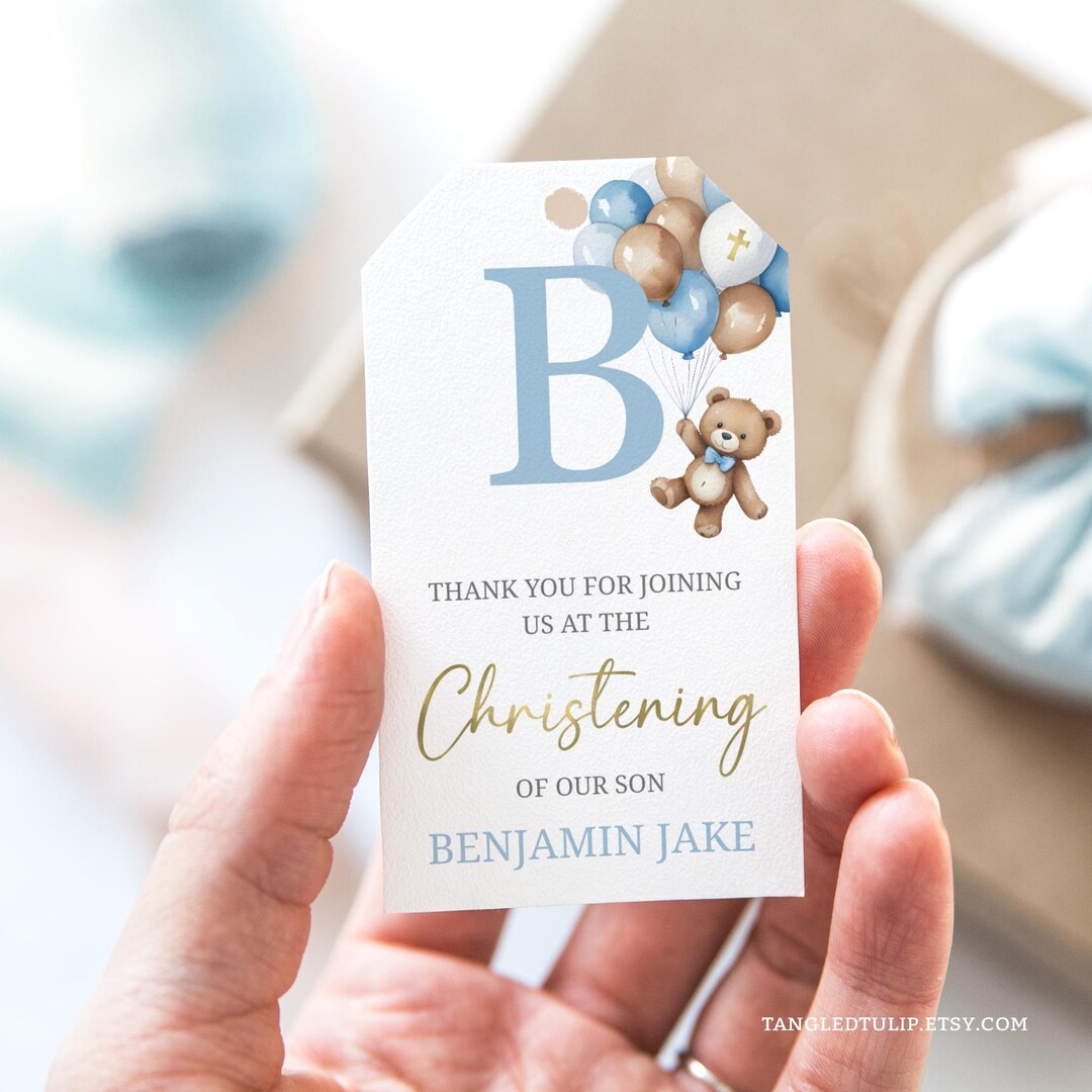 Christening Favor Tags | Baptism Favor Tags Baby Boy Teddy Balloon ...