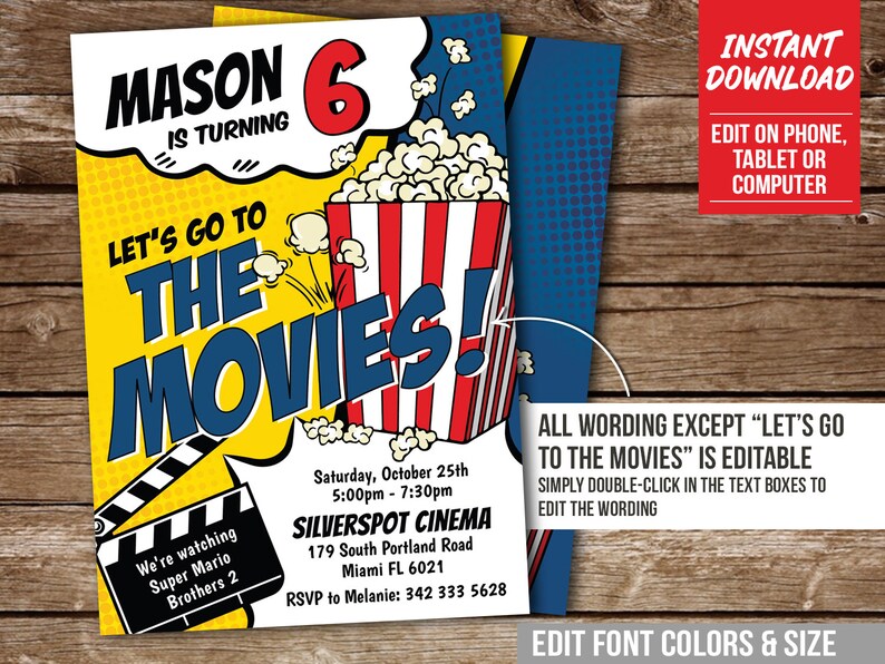 Movie Birthday Invitation | Boy Movies Popcorn Birthday Party Invite ...