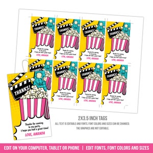 Editable Movie Party Tags for a Girl's Movie Birthday Thank You Tags ...
