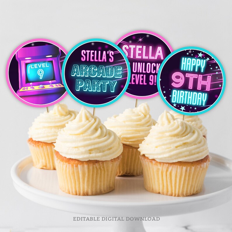 Editable Arcade Birthday Cupcake Toppers for Girls, Arcade Game Party ...