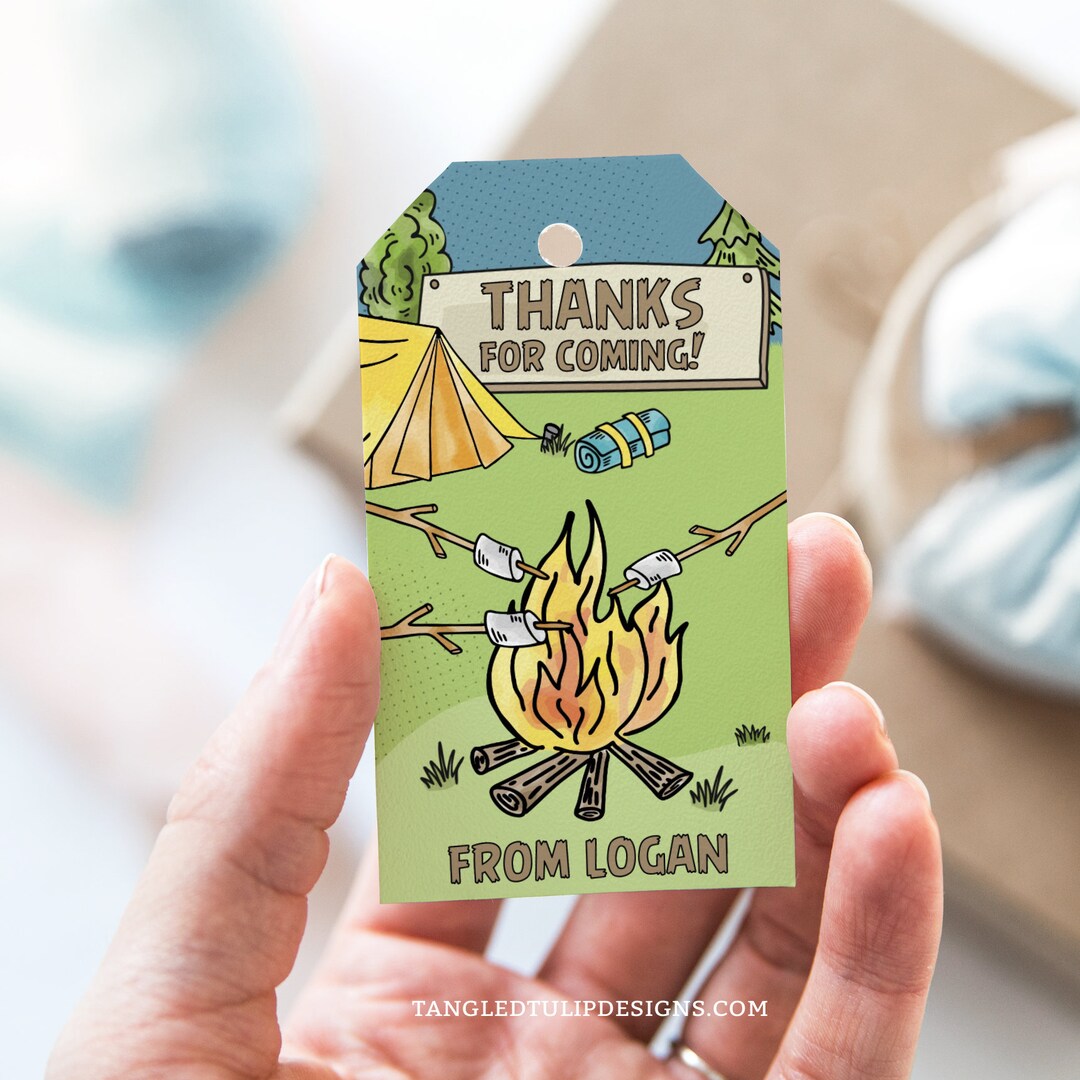 Camping Party Tags, Editable Campout Birthday Thank You Tag Template ...