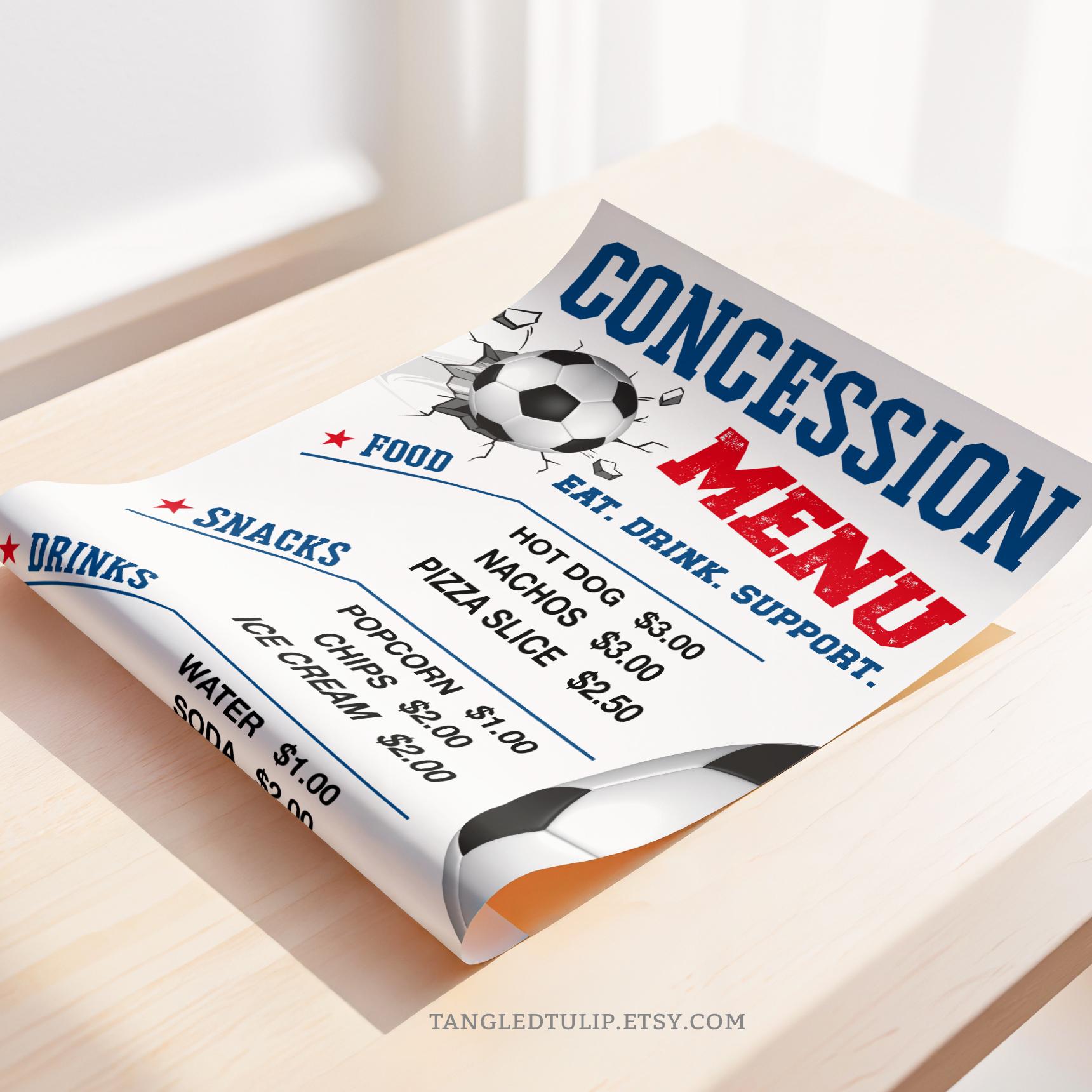 Soccer Concession Menu Poster | Soccer Refreshment Stand Price List ...