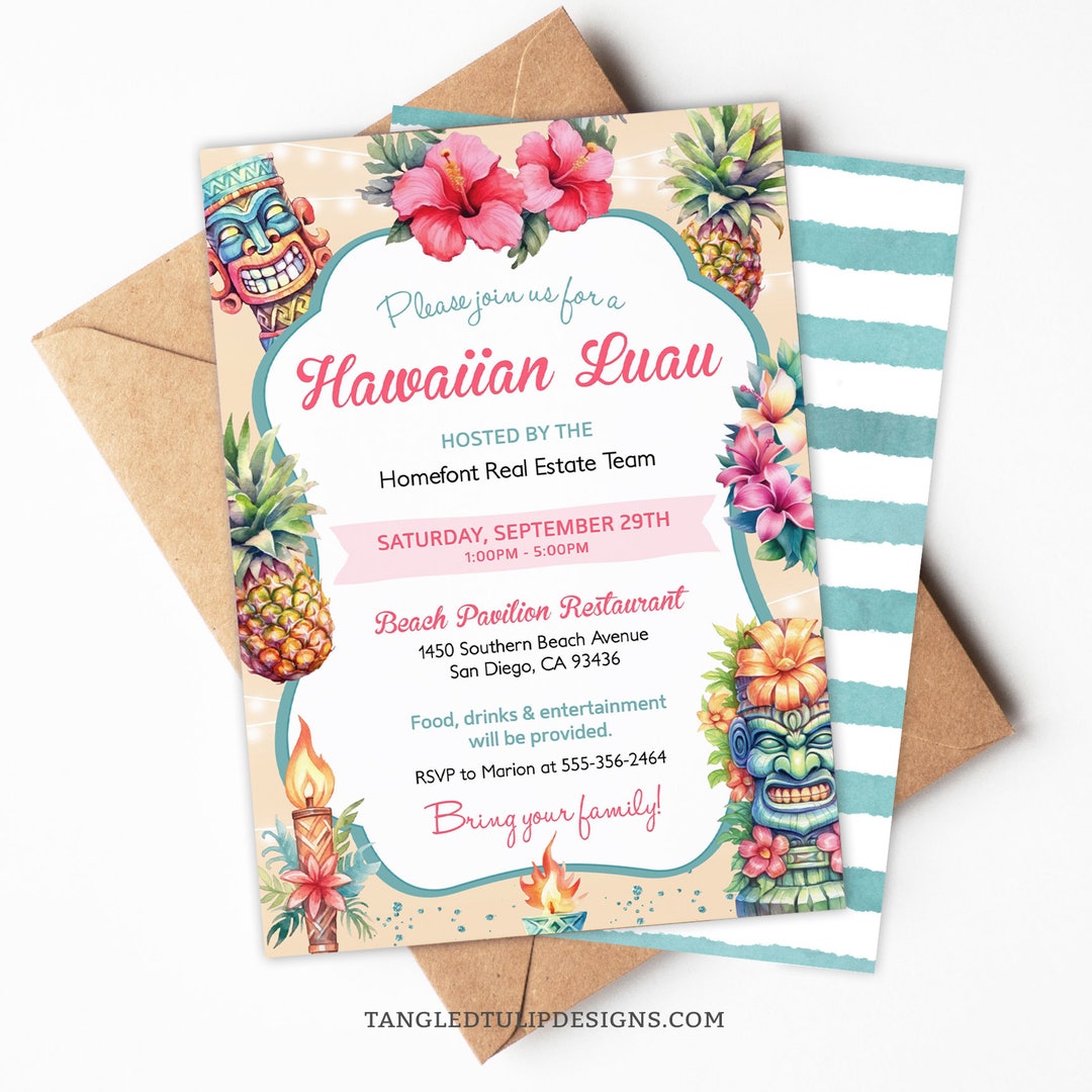 Company Luau Invitation, Editable Hawaiian Luau Flyer Invite for Staff ...