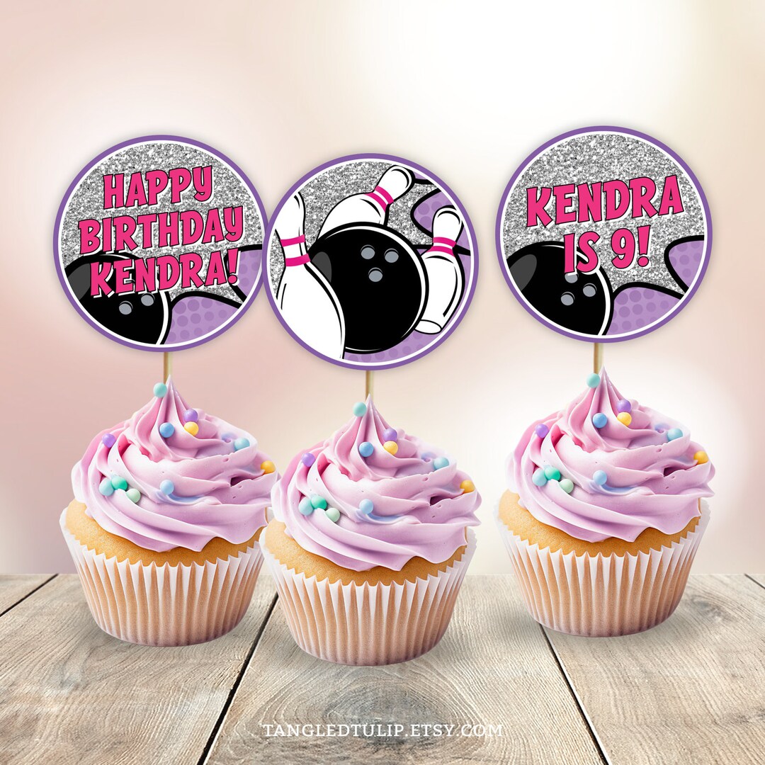 Bowling Birthday Cupcake Toppers Girl Editable Tenpin Bowl Party Cake ...