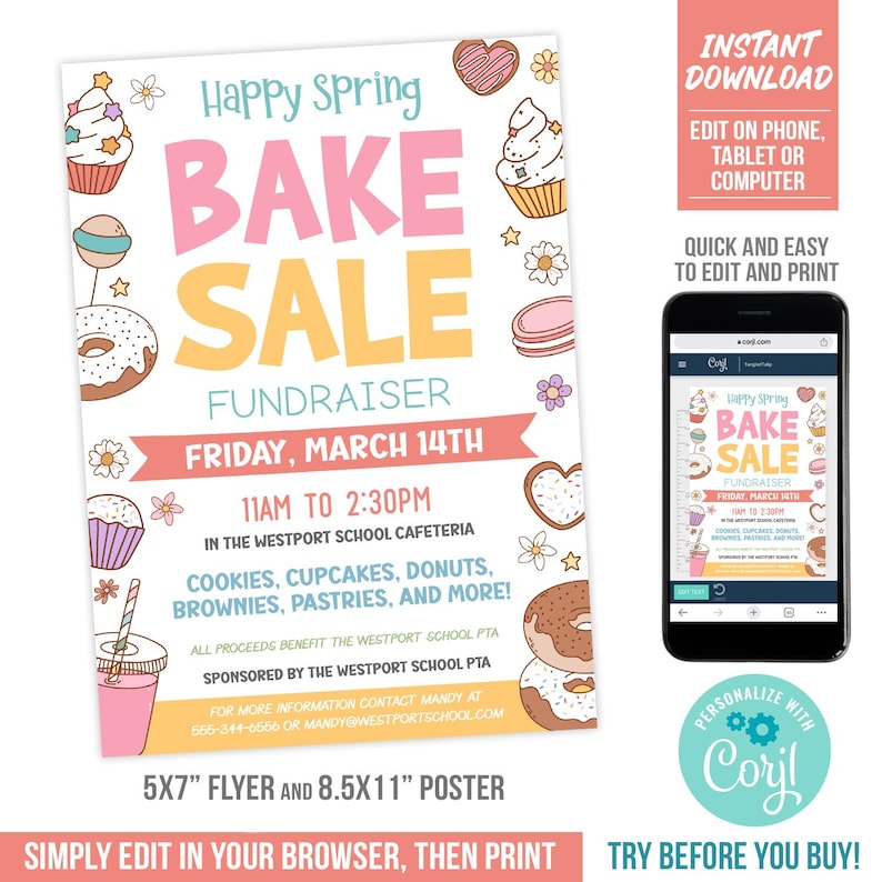 Spring Bake Sale Flyer | School & Church Fundraiser Poster | Printable ...