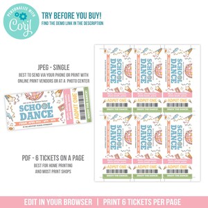 Editable School Dance Tickets, School Dance Ticket Template, School PTA ...