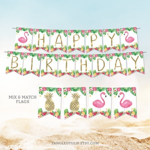Tropical Happy Birthday Banner DIY Bunting Flamingo Pineapple Party ...