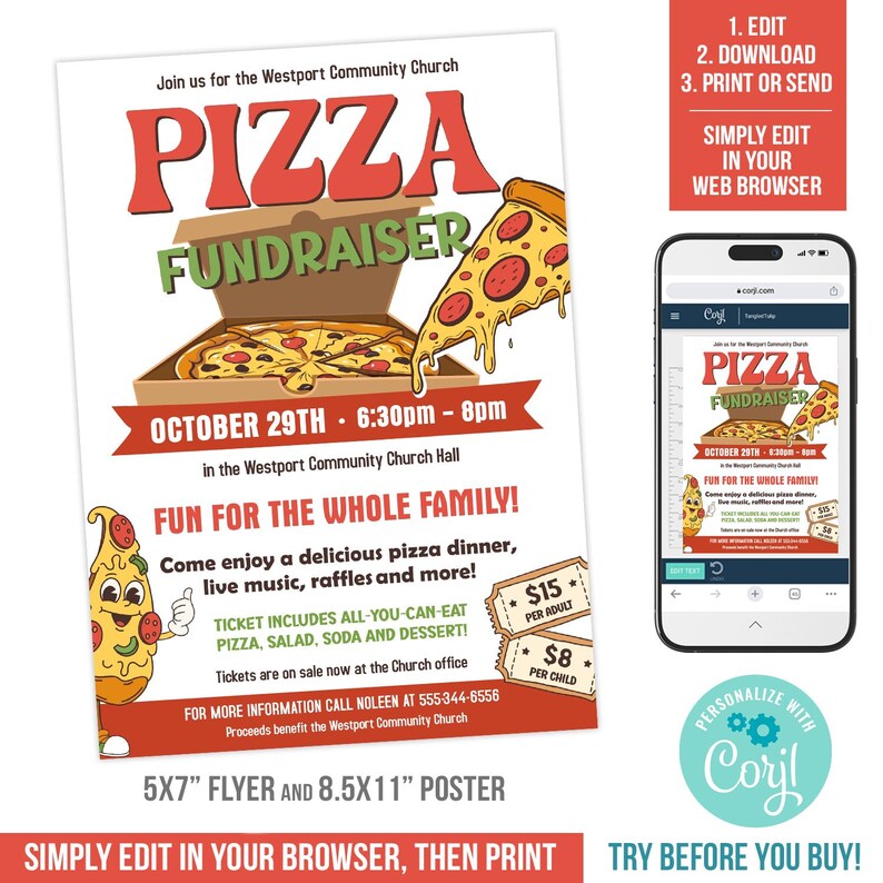 Pizza Fundraiser Flyer | Community Church Fundraiser Poster | Printable ...
