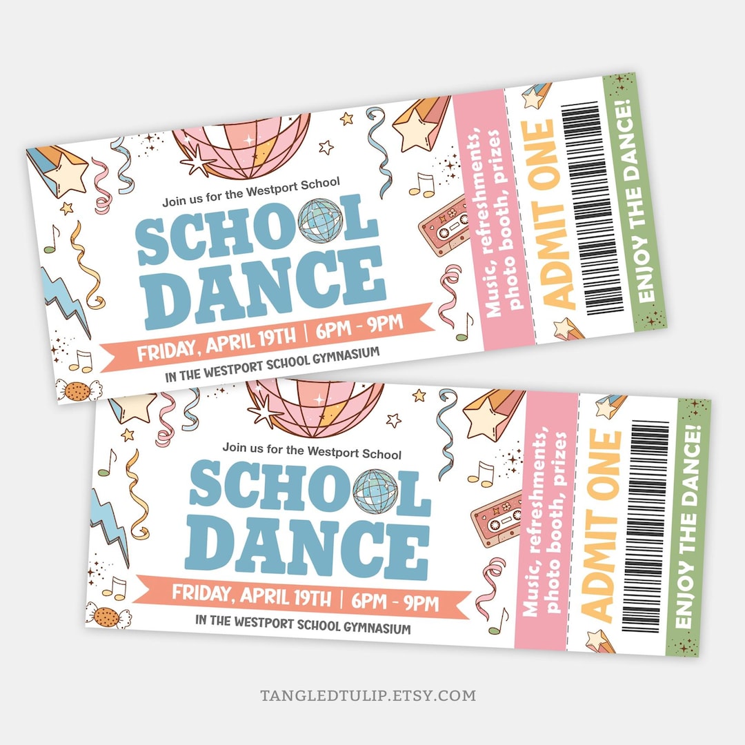 Editable School Dance Tickets, School Dance Ticket Template, School PTA ...