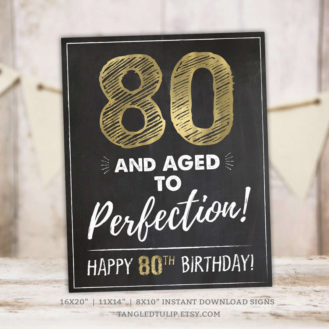 Aged to Perfection 80th Birthday Sign for Man Gold Chalkboard Party ...