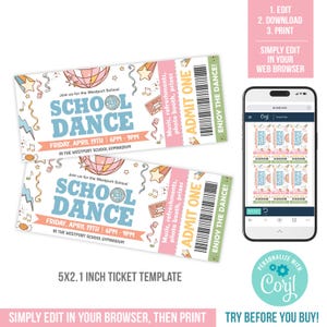 Editable School Dance Tickets, School Dance Ticket Template, School PTA ...