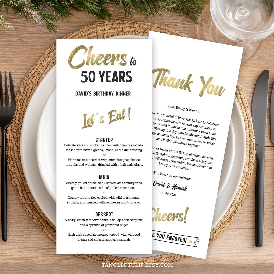 Birthday Dinner Menu | 50th Birthday Cheers Menu for Man | Printable ...