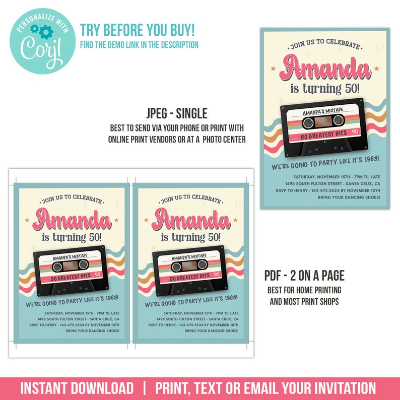 50th Greatest Hits Birthday Invitation | Woman Cassette Mixtape ...