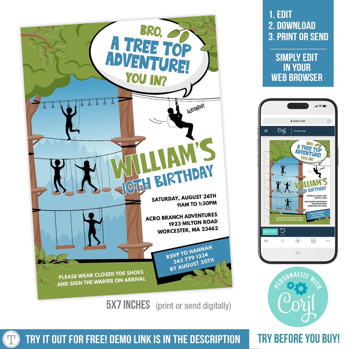 Rope Course Birthday Invitation | Boy Zipline Tree Top Adventure Party ...