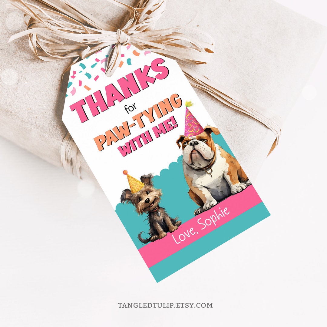 Puppy Dog Theme Birthday Favor Tags Paw-ty Thank You Tag Girl Party Hat ...