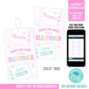 Editable Sleepover Party Tags. Slumber Party Thank You Favor Gift Tags ...