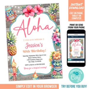 Aloha Birthday Invitation Template, Editable Tropical Luau Party Invite ...