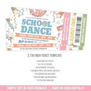 Editable School Dance Tickets, School Dance Ticket Template, School PTA ...