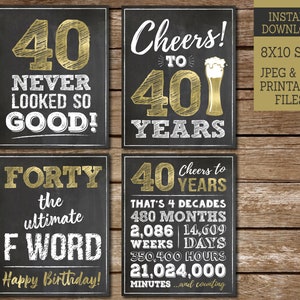 40th Birthday Sign Pack, 40th Birthday PRINTABLE Signs, Cheers to 40 ...