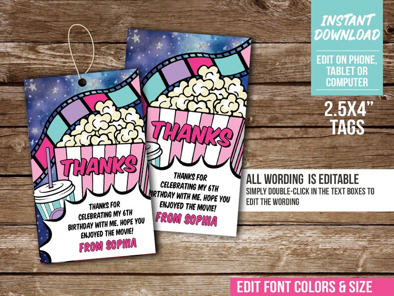 Movie Night Birthday Thank You Tags for Girls Movie Night - Etsy