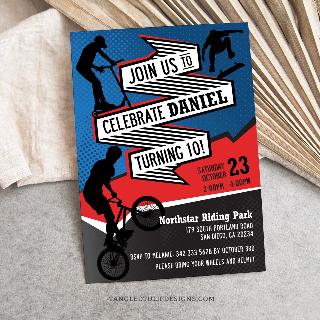 Editable Bike Skate Scooter Birthday Invitation Skateboard BMX Riding ...