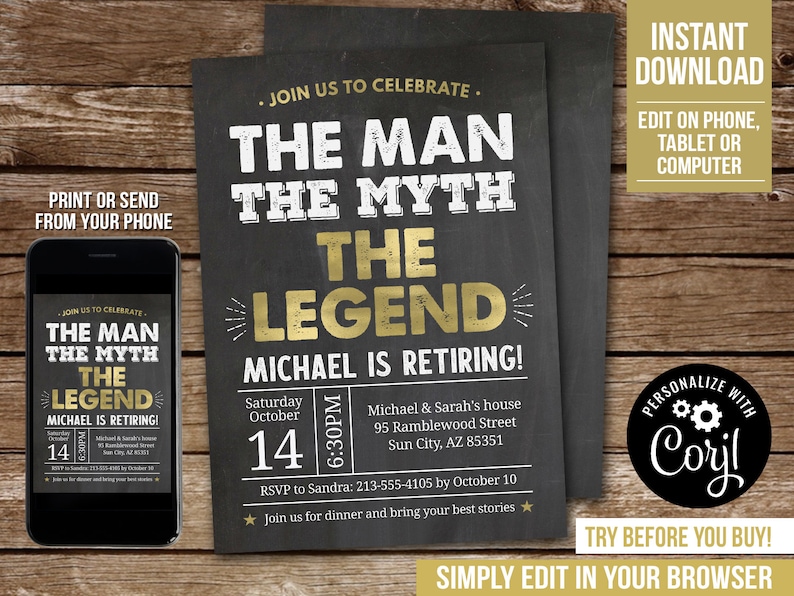 Legend Retirement Invitation | Man Myth Legend Retirement Party Invite ...