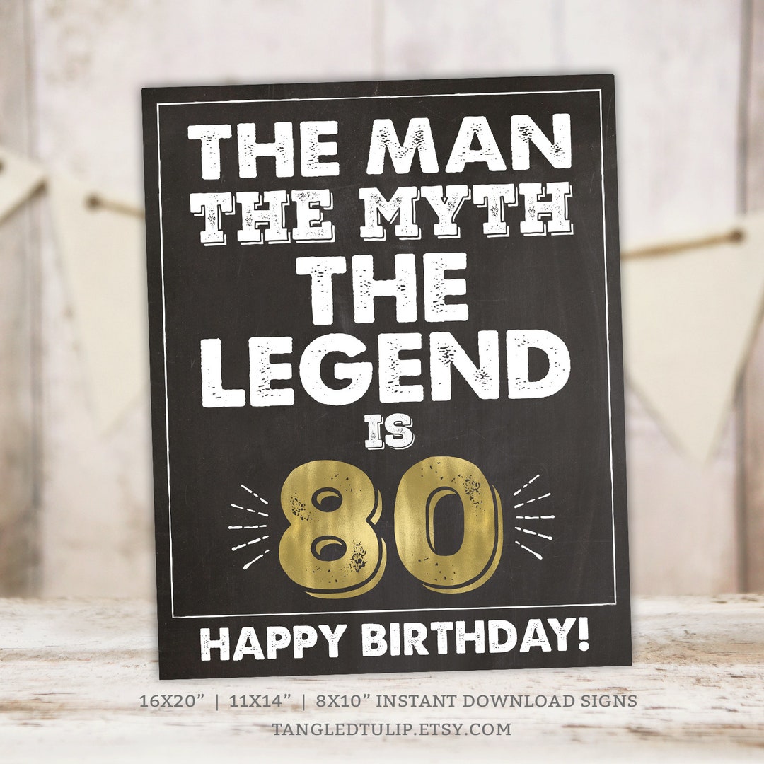80th Birthday Sign for Men, the Man the Myth the Legend Gold Chalkboard ...