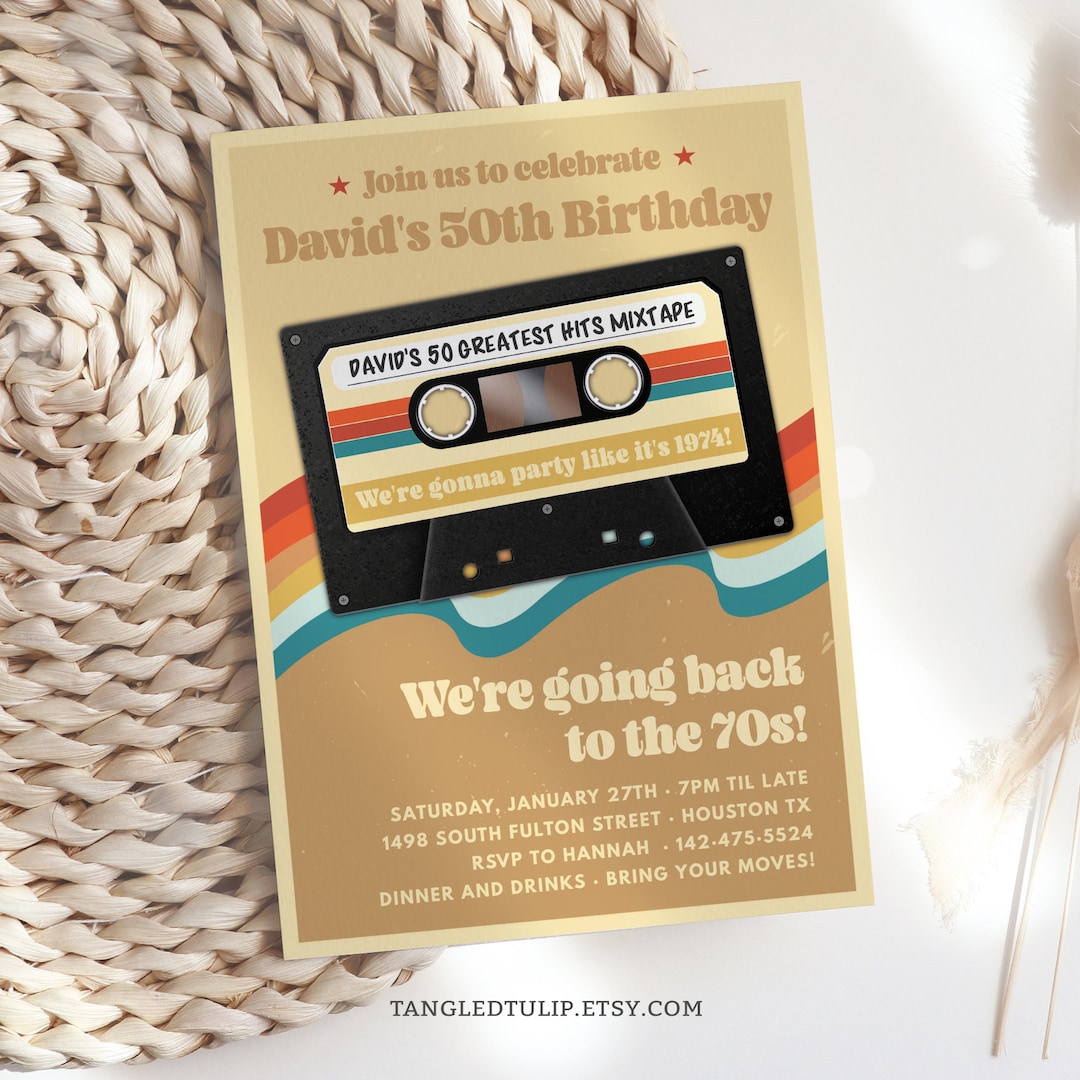 70s Birthday Invitation Retro Cassette Tape Party Invite Mixtape 50 ...