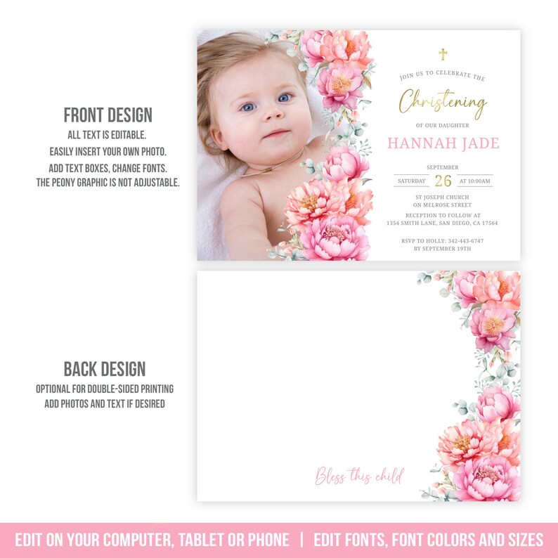 Christening Invitation With Peonies, Editable Photo Christening Invite ...