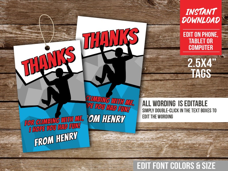 Climbing Birthday Thank You Tags Editable Boy Indoor Rock Climb Party ...