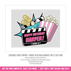 Movie Theme Cake Topper, Custom Cake Topper Girl, Movie Party Printable ...