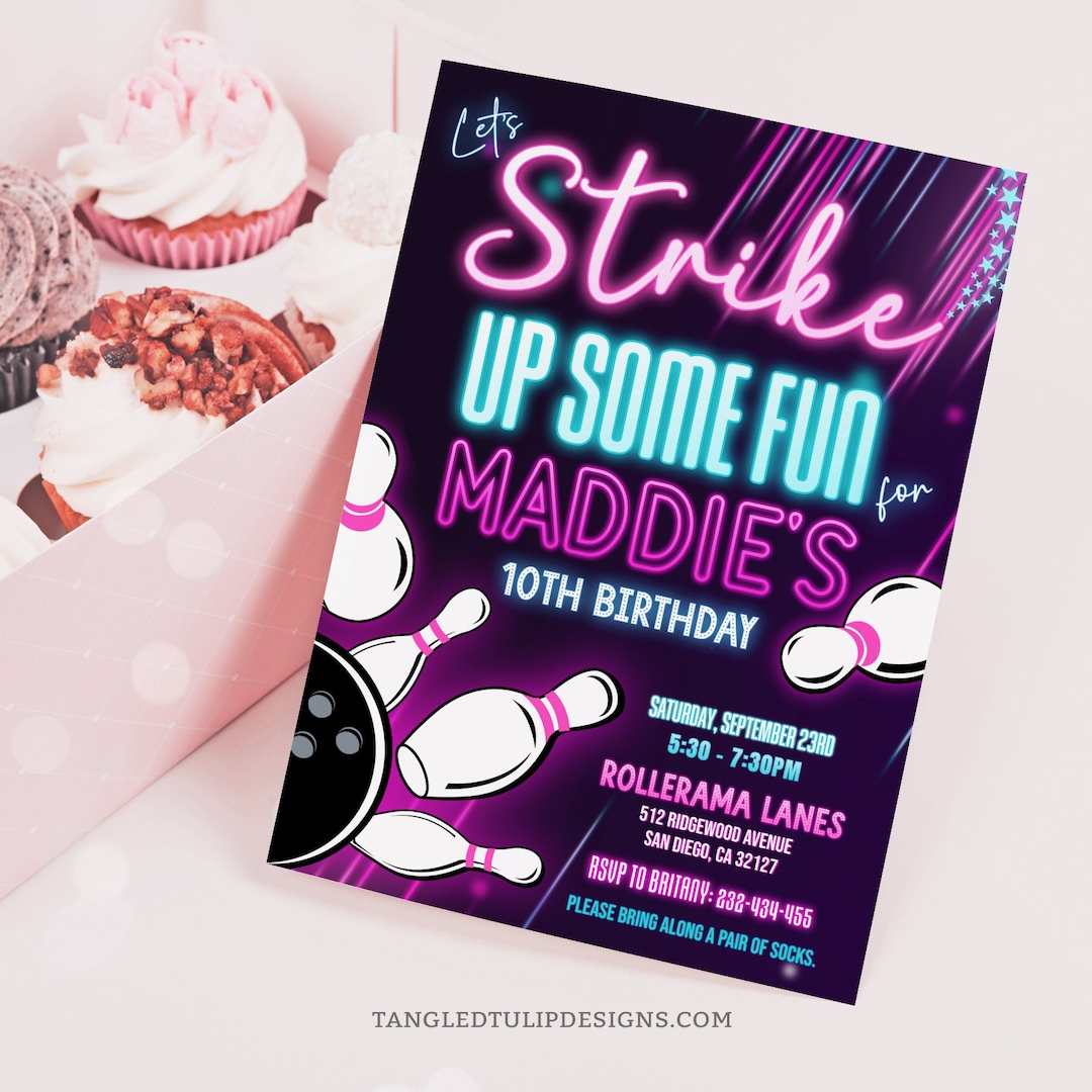 Bowling Party Invite for Girls, Neon Glow Tenpin Bowling Birthday ...