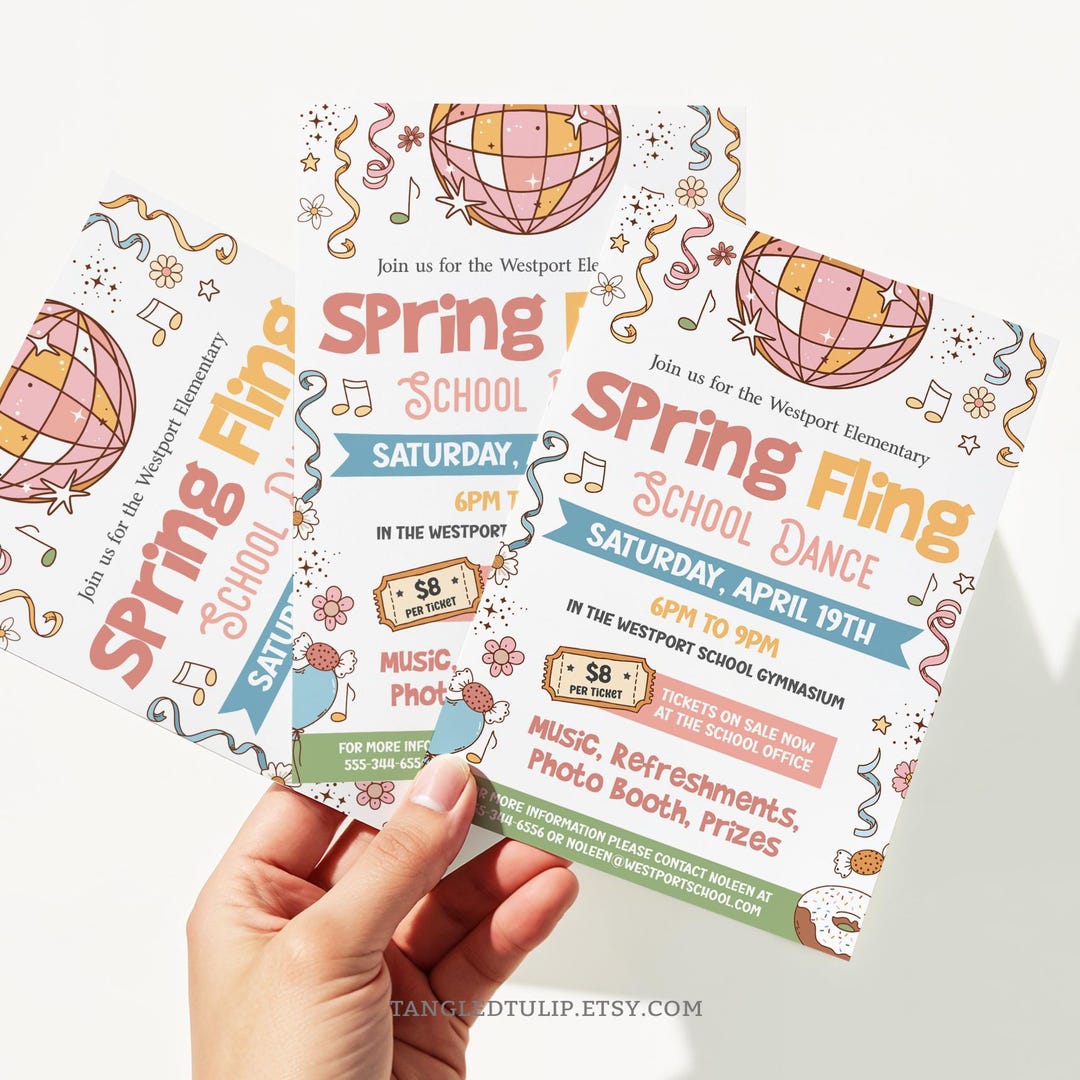Spring Fling School Dance Flyer Invitation, Editable PTO PTA School ...