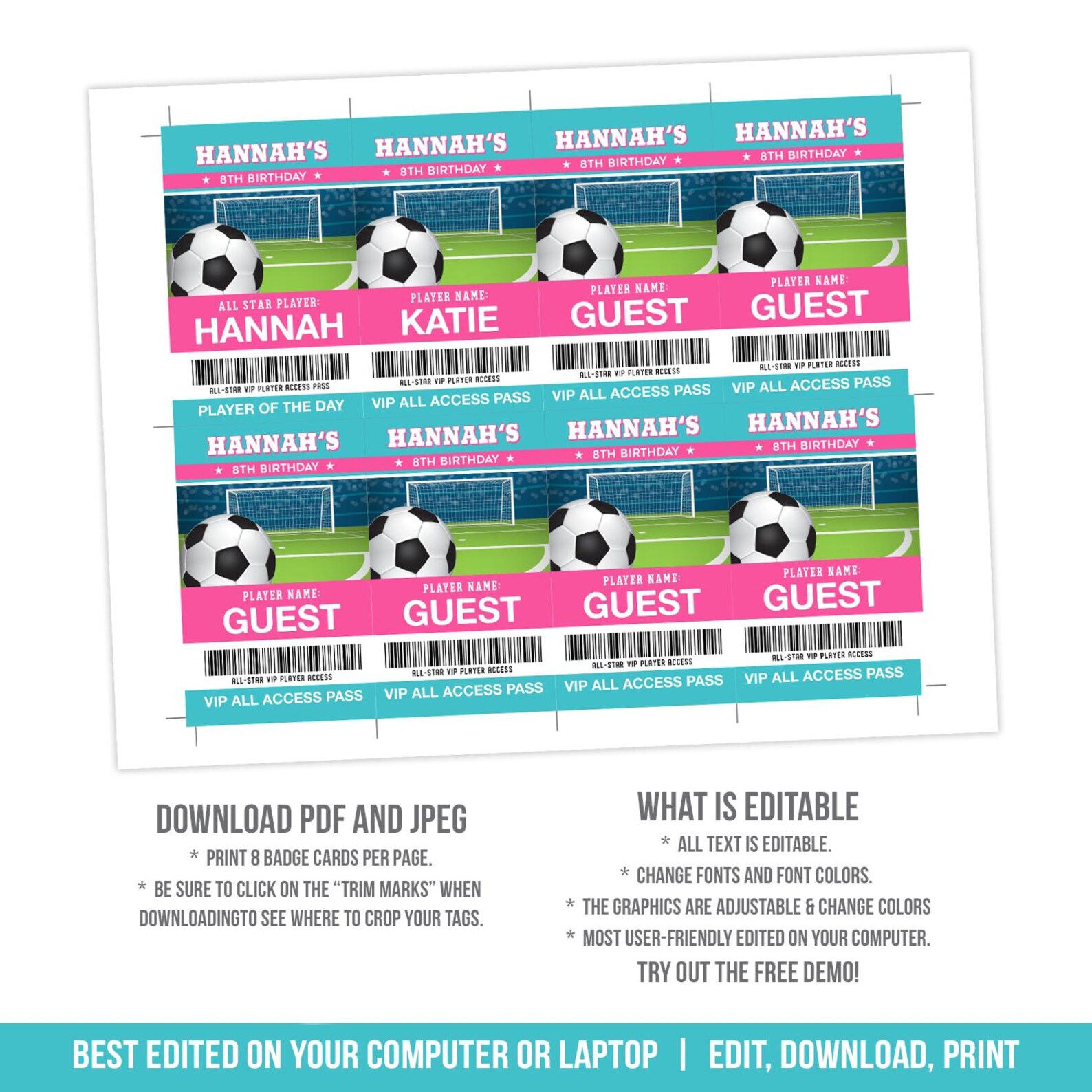 Soccer VIP Badge | Soccer Birthday Player Name Badge | Editable Lanyard ...