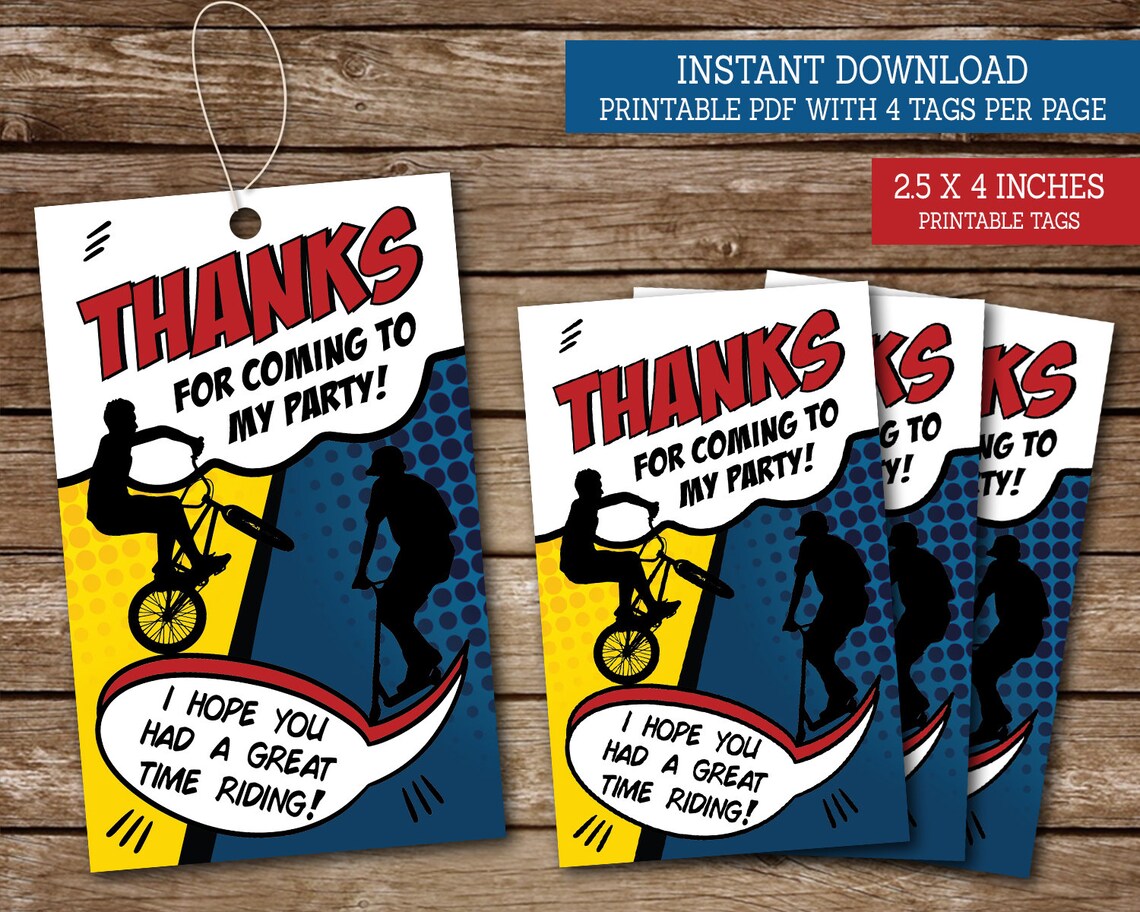 Bike Birthday Thank You Favor Tags | Skater Scooter Riding Party Tags ...