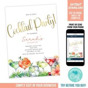 Editable Cocktail Party Invitation. Tropical Cocktail Party Invite ...