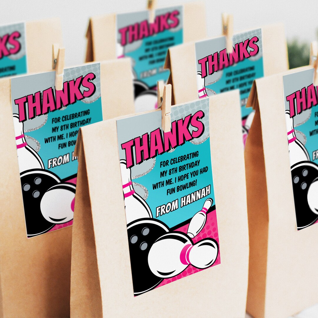 Bowling Birthday Thank You Tags Girls Party Favor Tag Tenpin Party ...