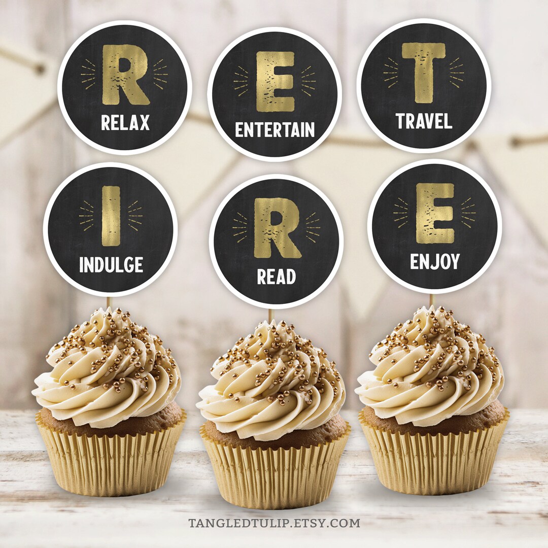 Retirement Party Decoration Cupcake Toppers: Gold, Spell Retire ...