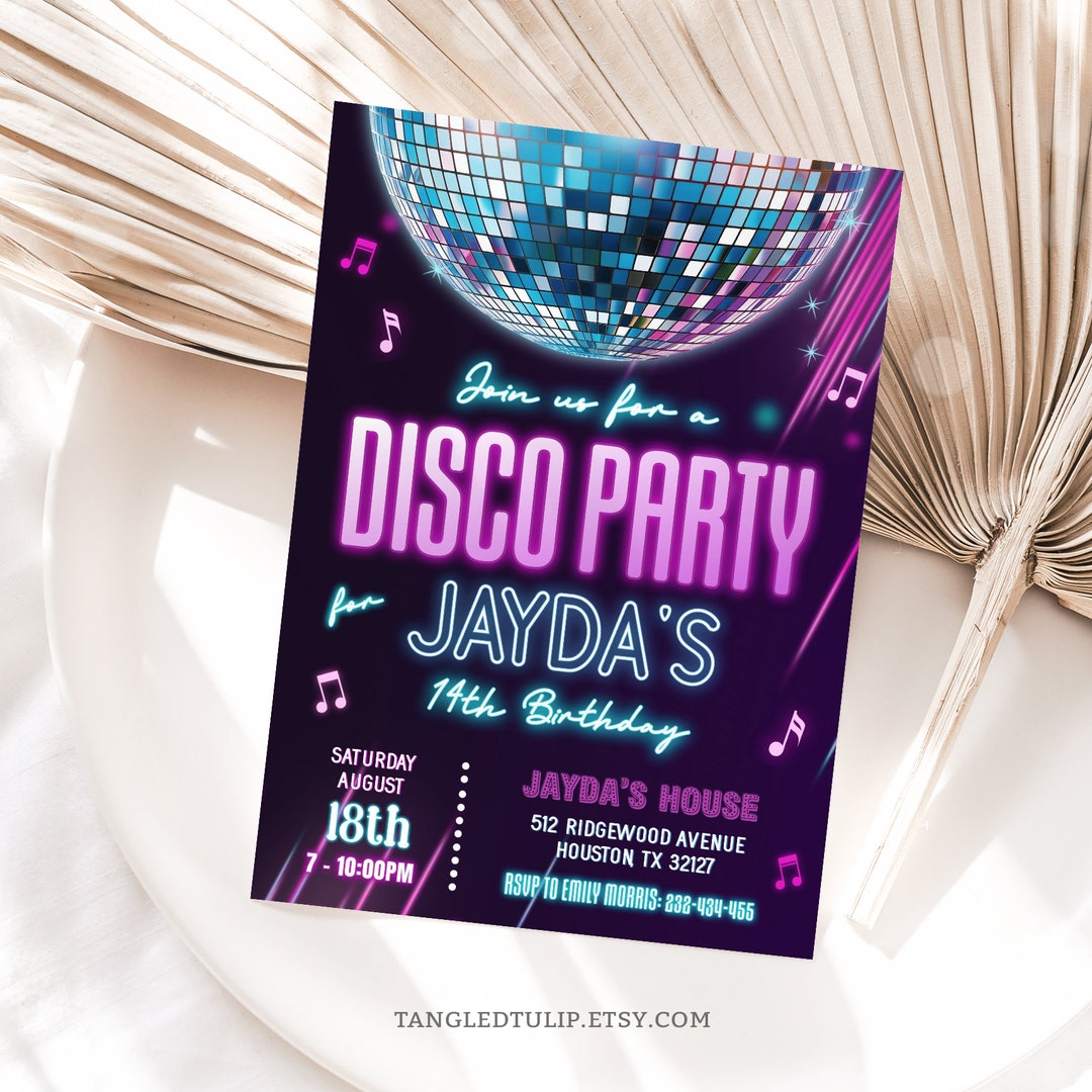 Disco Birthday Party Invitation Neon Glow in the Dark Disco Ball ...