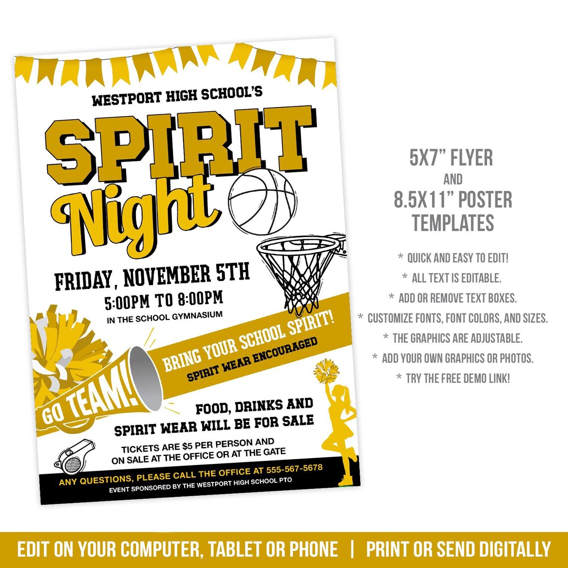 School Spirit Night Flyer | Basketball Pep Rally School Event Poster ...