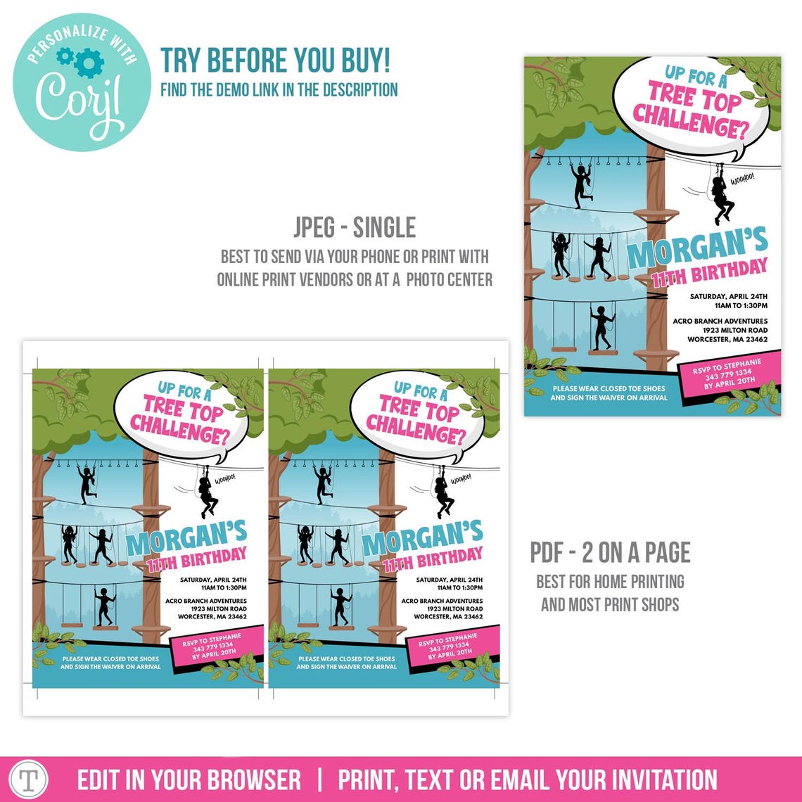 Rope Course Birthday Invitation | Girl Zipline Tree Top Adventure Party ...