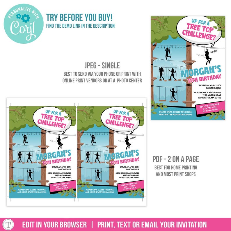 Rope Course Birthday Invitation | Girl Zipline Tree Top Adventure Party ...