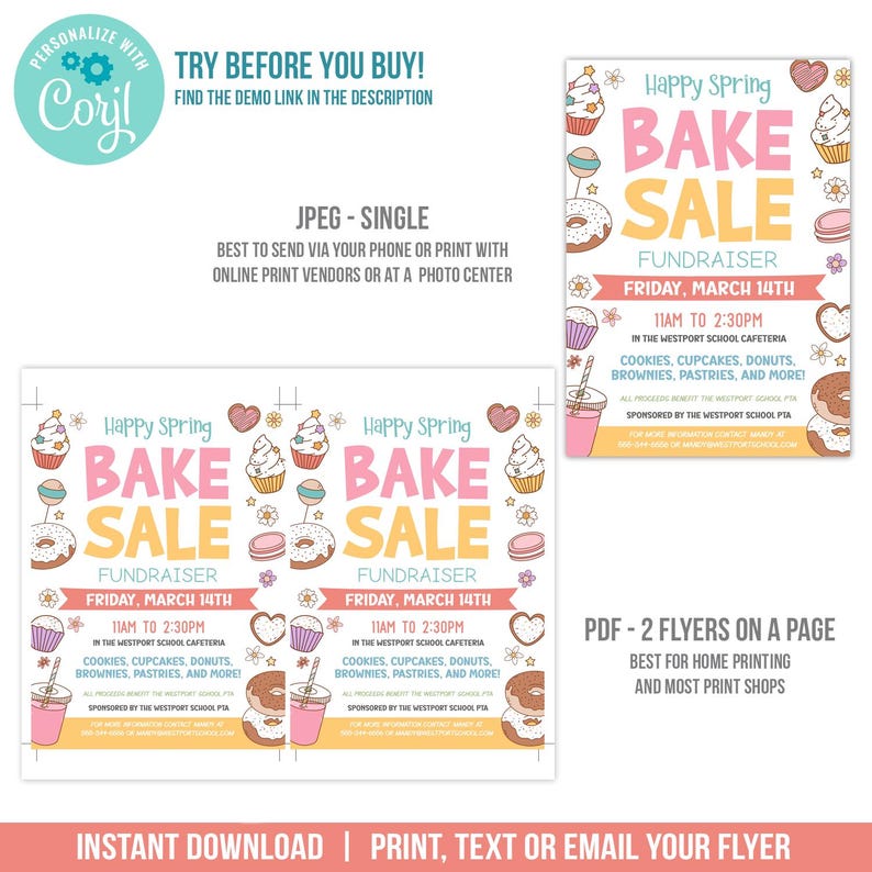 Spring Bake Sale Flyer | School & Church Fundraiser Poster | Printable ...