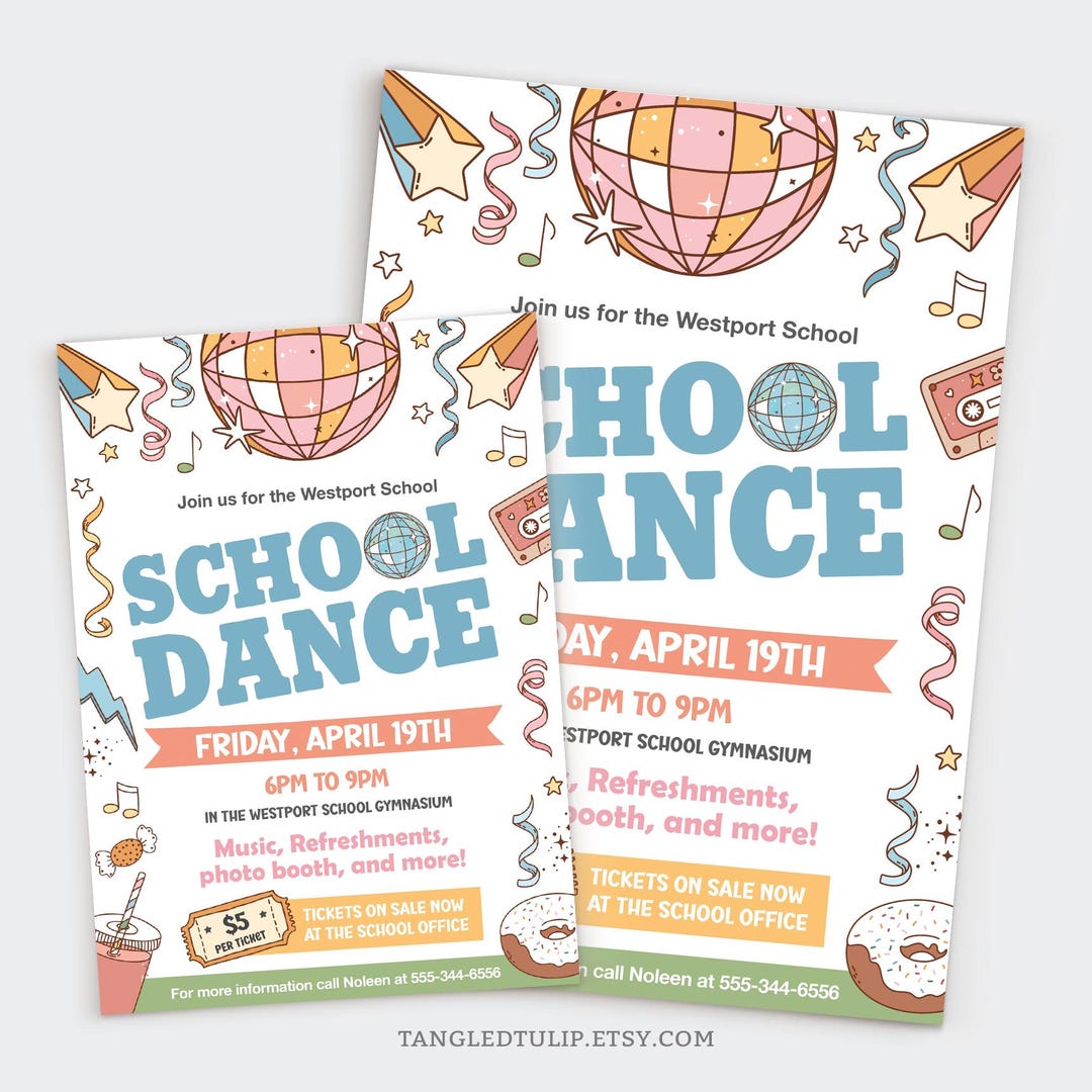 Editable School Dance Flyer and Poster, School Dance Invitation Template, PTO PTA School Event ...