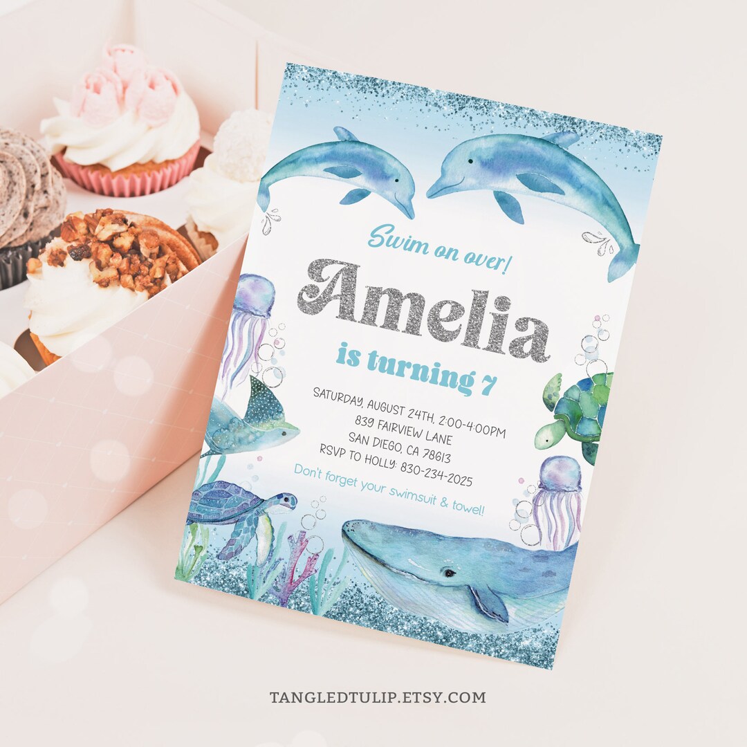 Dolphins Birthday Invitation Under the Sea Party Invite Watercolor ...